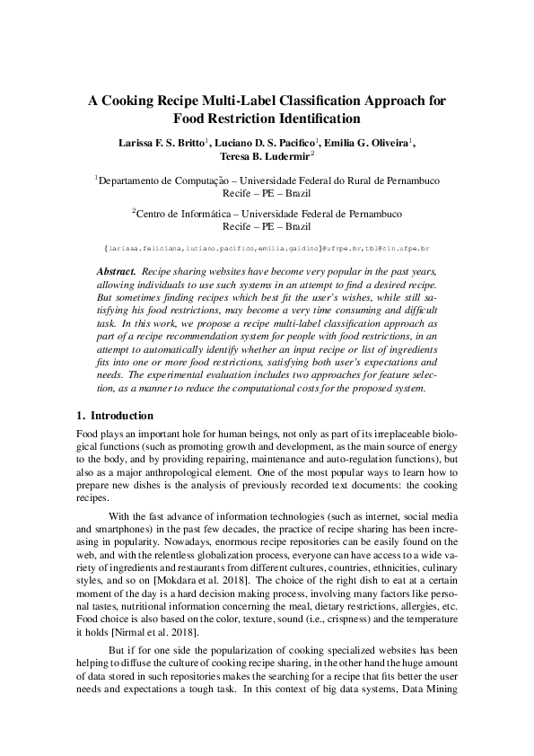 (PDF) A Cooking Recipe Multi-Label Classification Approach for Food ...