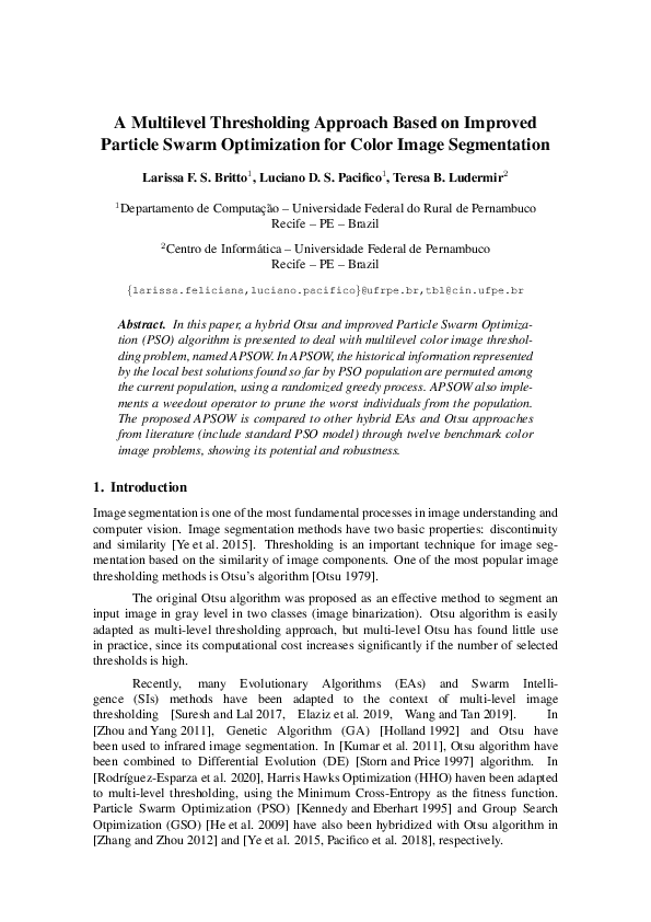 Pdf A Multilevel Thresholding Approach Based On Improved Particle Swarm Optimization For Color 
