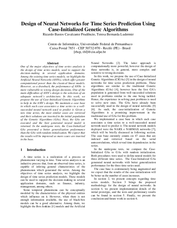 Pdf Design Of Neural Networks For Time Series Prediction Using Case