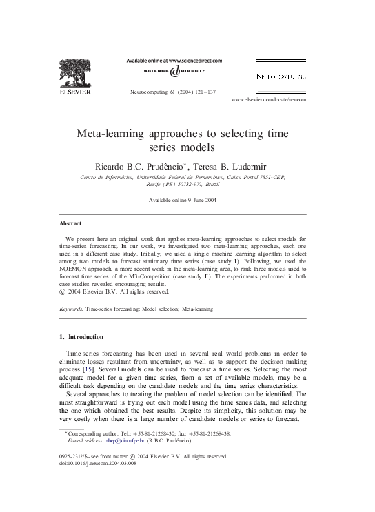 Pdf Meta Learning Approaches To Selecting Time Series Models