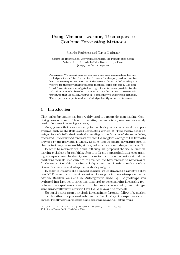 (PDF) Using Machine Learning Techniques to Combine Forecasting Methods