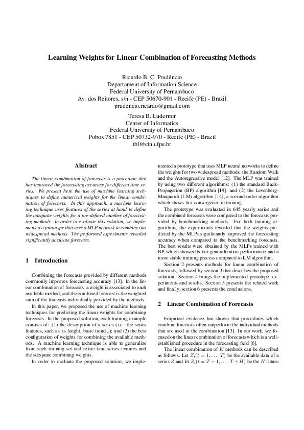 Pdf Learningweights For Linear Combination Of Forecasting Methods