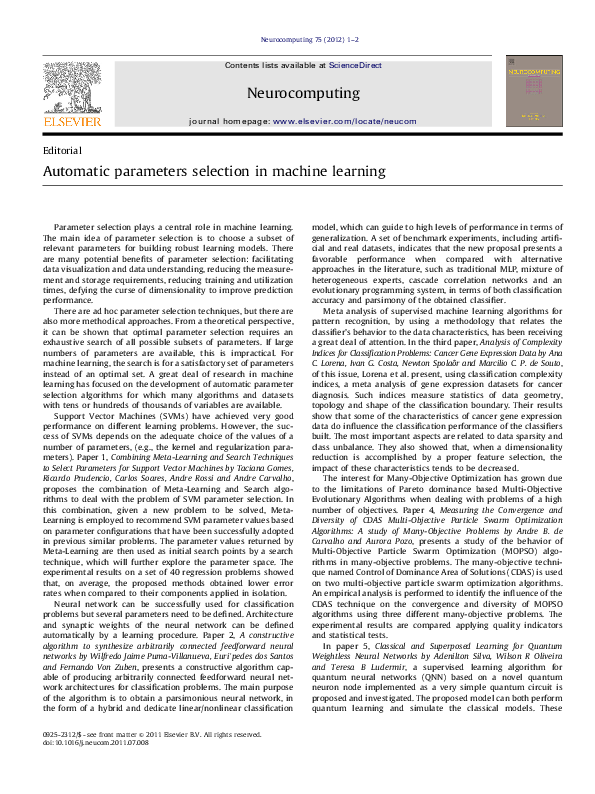 (PDF) Automatic parameters selection in machine learning