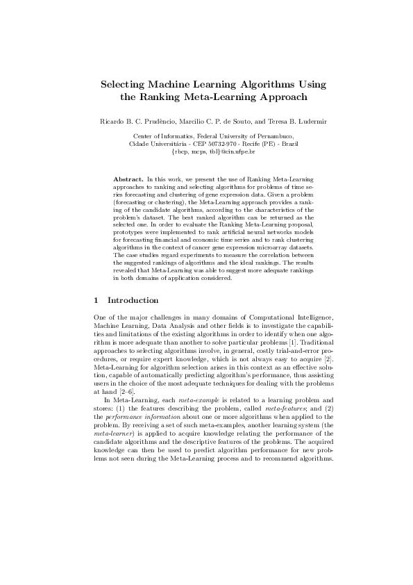 (PDF) Selecting machine learning algorithms using the ranking meta ...