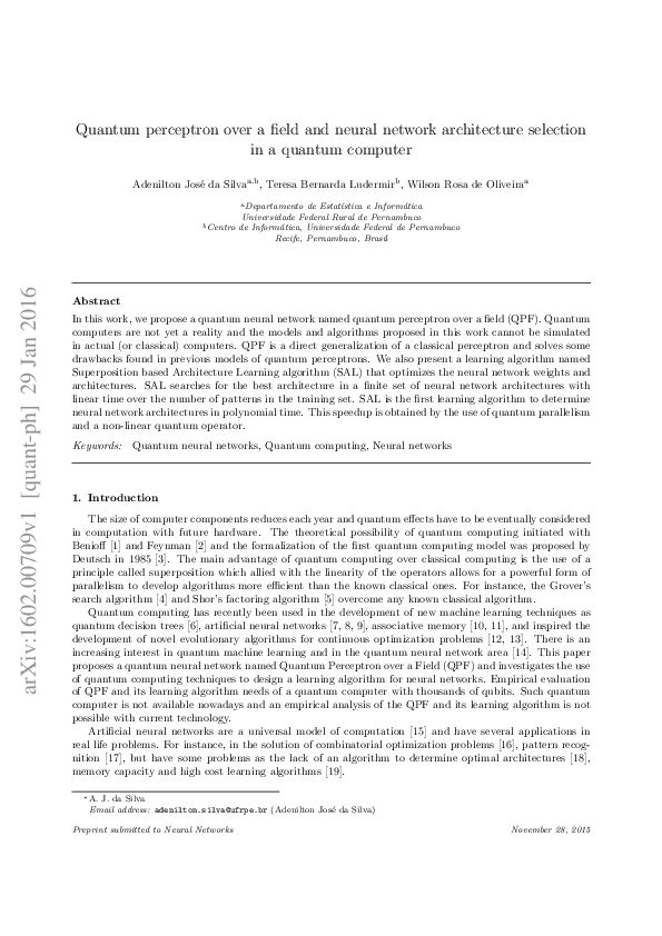 (PDF) Quantum perceptron over a field and neural network architecture ...