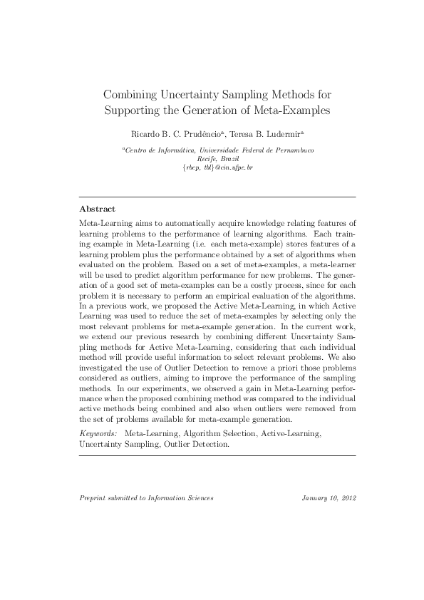 (PDF) Combining Uncertainty Sampling methods for supporting the generation of meta-examples
