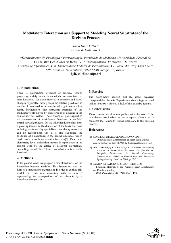 Pdf Modulatory Interaction As A Support To Modeling Neural Substrates Of The Decision Process