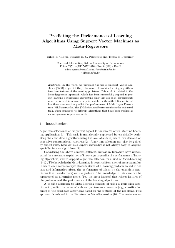 (PDF) Predicting the performance of learning algorithms using support vector machines as meta ...
