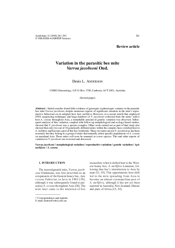 (PDF) Variation in the parasitic bee mite Varroa jacobsoni Oud