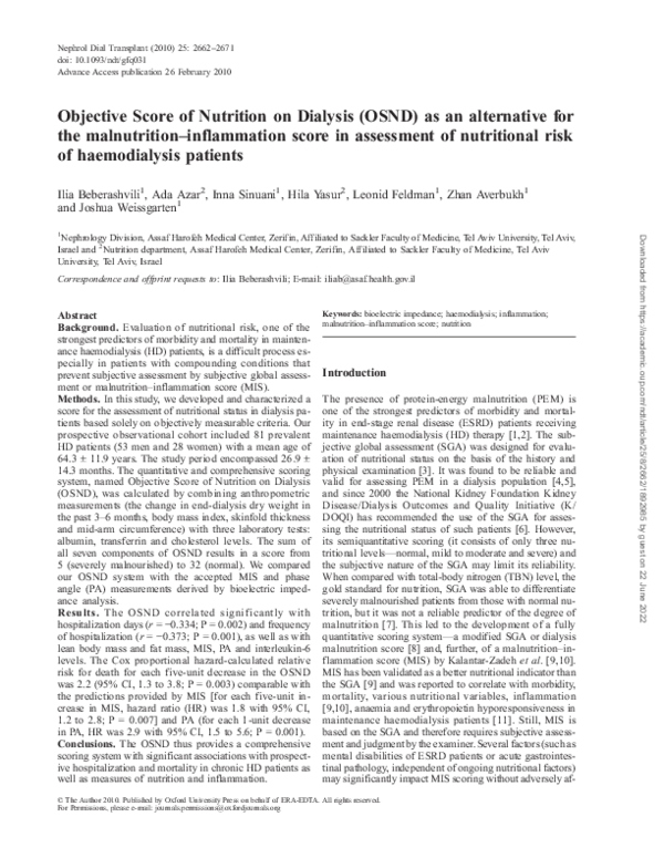 (PDF) Objective Score of Nutrition on Dialysis (OSND) as an alternative ...