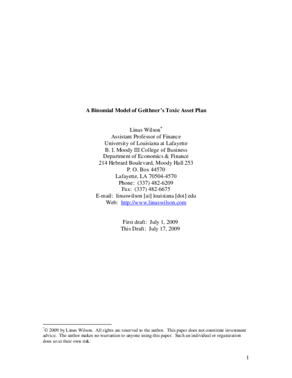 (PDF) A binomial model of Geithner's toxic asset plan