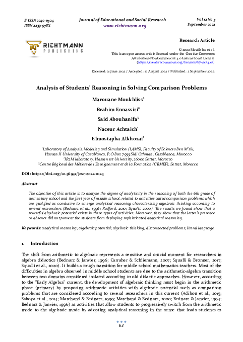 (PDF) Analysis of Students' Reasoning in Solving Comparison Problems