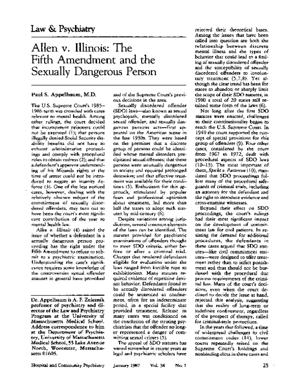 (PDF) Allen v. Illinois: The Fifth Amendment and the Sexually Dangerous ...