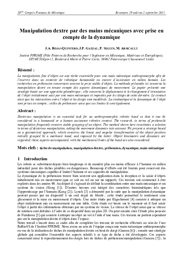 (PDF) Manipulation dextre par des mains mécaniques avec prise en compte de la dynamique