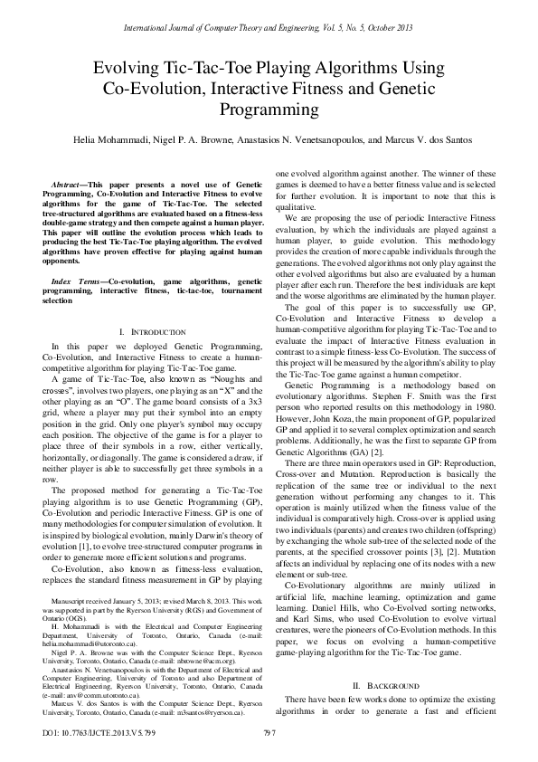 (PDF) Evolving Tic-Tac-Toe Playing Algorithms Using Co-Evolution, Interactive Fitness and ...