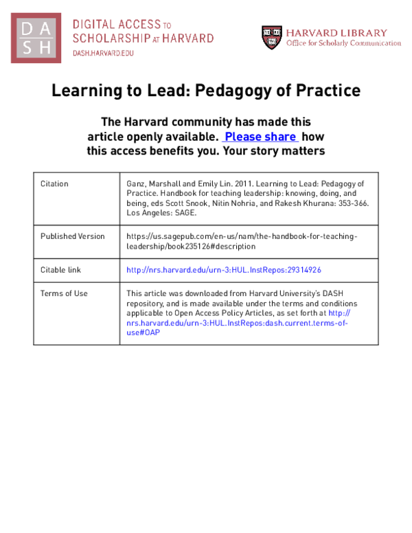 (PDF) Learning to Lead: Pedagogy of Practice