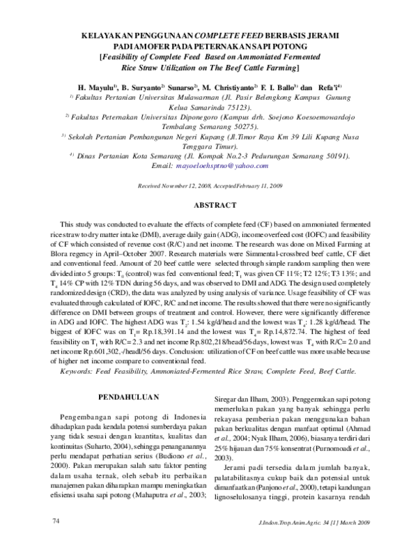 (PDF) Feasibility of Complete Feed Based on Ammoniated Fermented Rice ...
