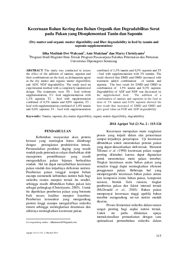 (PDF) Kecernaan Bahan Kering dan Bahan Organik dan Degradabilitas Serat pada Pakan yang ...