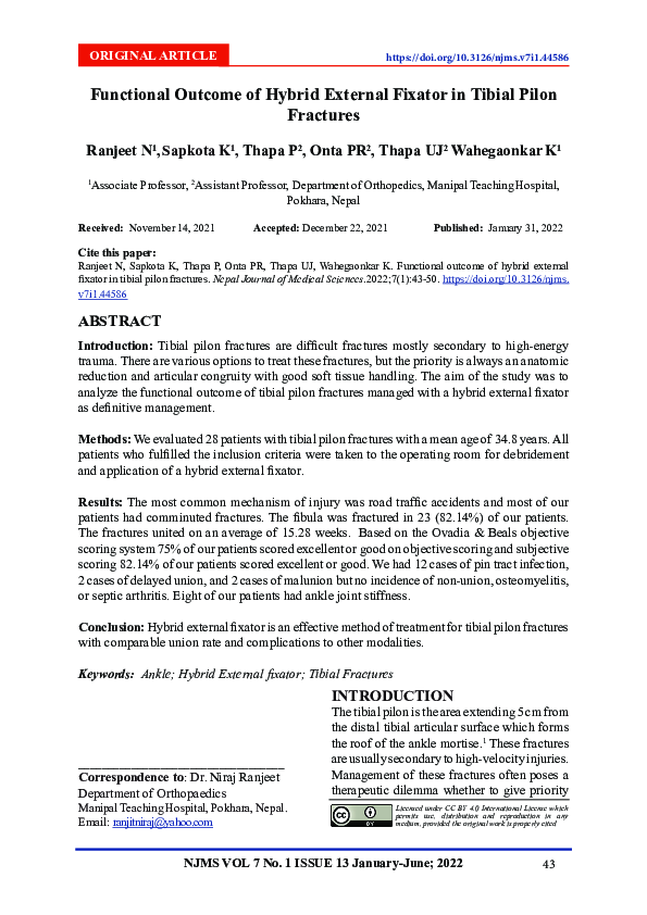 (PDF) Functional Outcome of Hybrid External Fixator in Tibial Pilon Fractures | Krishna ...