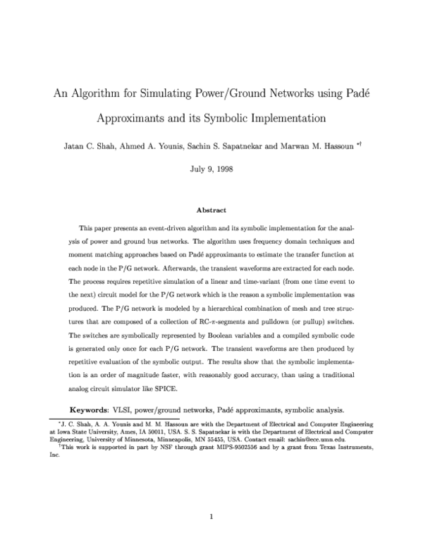 (PDF) An algorithm for simulating power/ground networks using Pade approximants and its symbolic ...