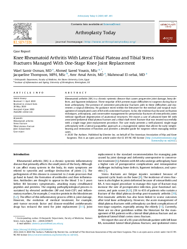 Pdf Knee Rheumatoid Arthritis With Lateral Tibial Plateau And Tibial Stress Fractures Managed