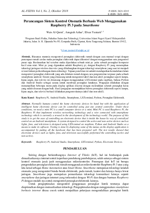 Pdf Perancangan Sistem Kontrol Otomatis Berbasis Web Menggunakan Raspberry Pi 3 Pada Smarthome
