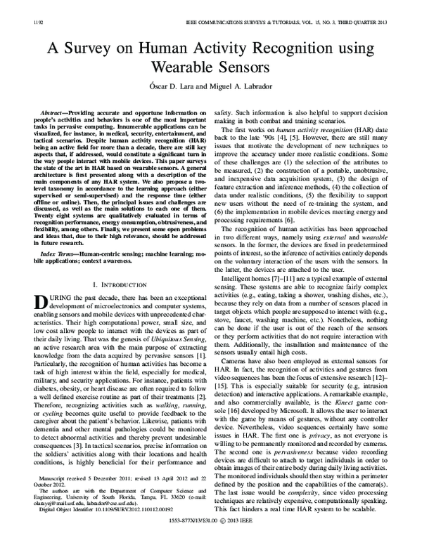 Pdf A Survey On Human Activity Recognition Using Wearable Sensors