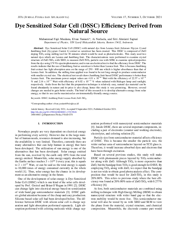 (PDF) Dye Sensitized Solar Cell (DSSC) Efficiency Derived from Natural ...