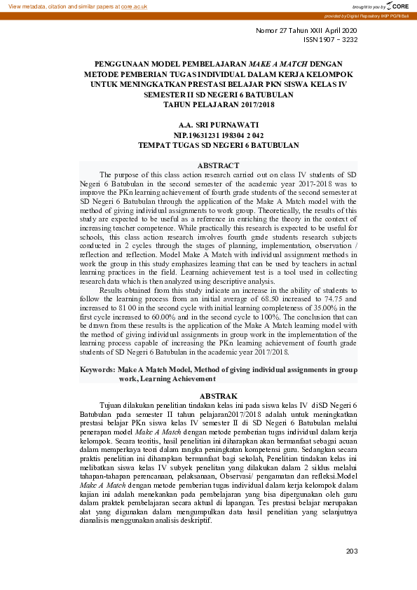 (PDF) Penggunaan Model Pembelajaran Make a Match Dengan Metode ...