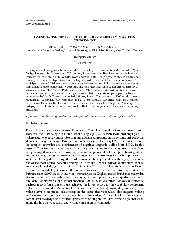 Pdf Investigating The Predictive Role Of Vocabulary In Written Performance