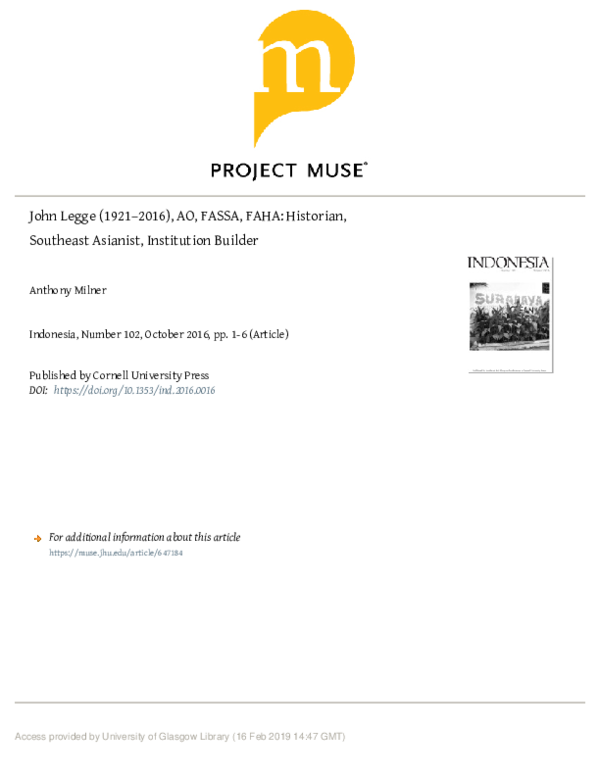 (PDF) John Legge (1921–2016), AO, FASSA, FAHA: Historian, Southeast ...