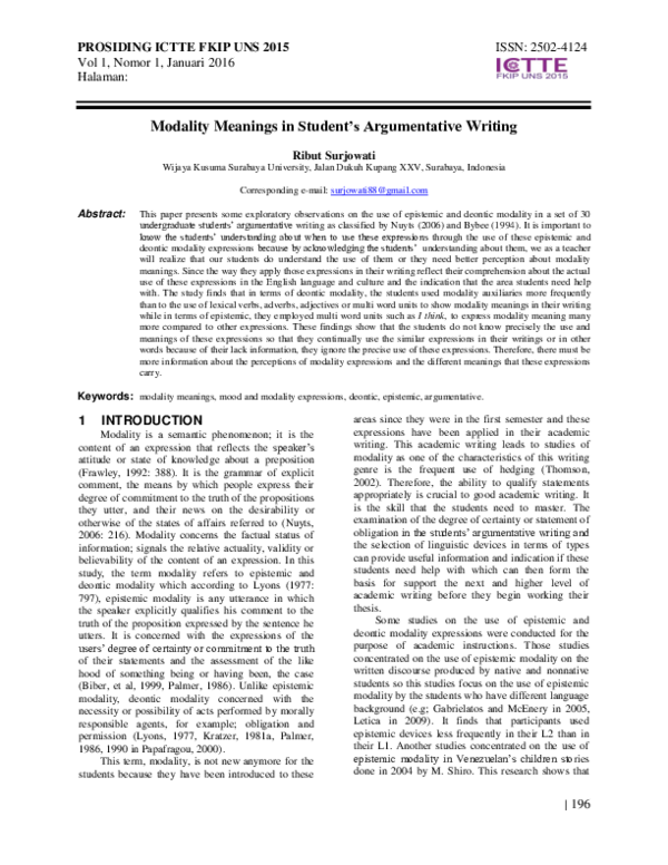 (PDF) Modality Meanings in Student's Argumentative Writing