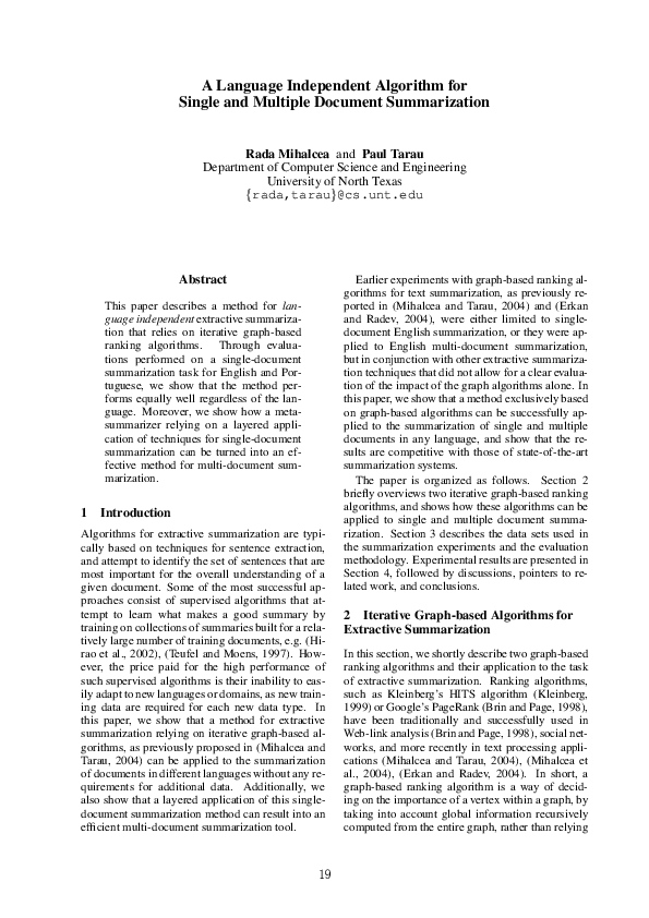 Pdf A Language Independent Algorithm For Single And Multiple Document Summarization 
