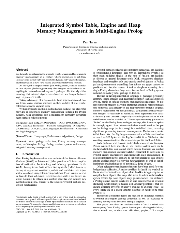 (PDF) Integrated symbol table, engine and heap memory management in multi-engine prolog | Paul ...