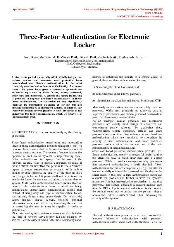 (PDF) Three-Factor Authentication for Electronic Locker