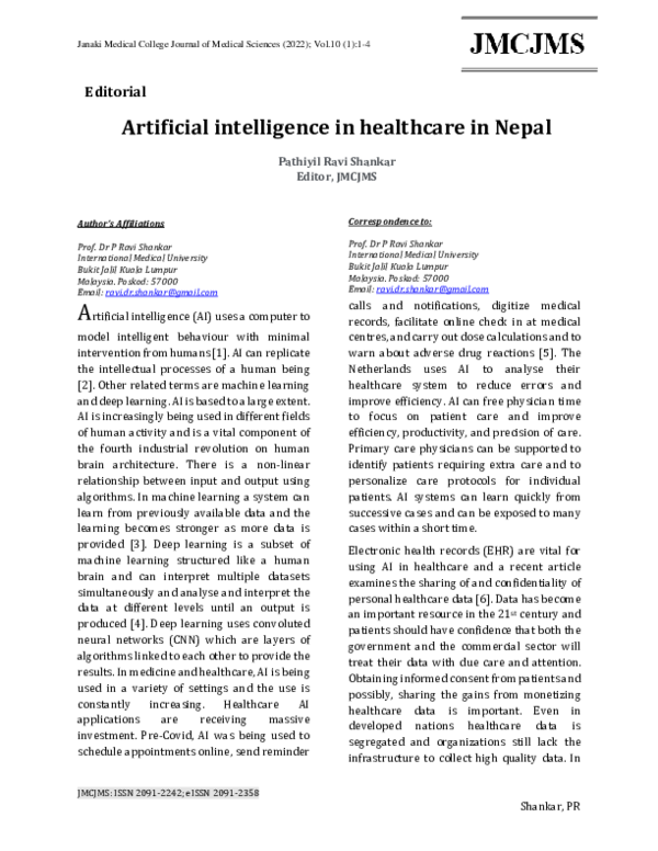 (PDF) Artificial intelligence in healthcare in Nepal