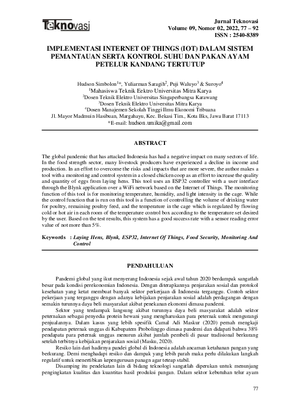(PDF) Implementasi Internet of Things (Iot) Dalam Sistem Pemantauan Serta Kontrol Suhu Dan Pakan ...