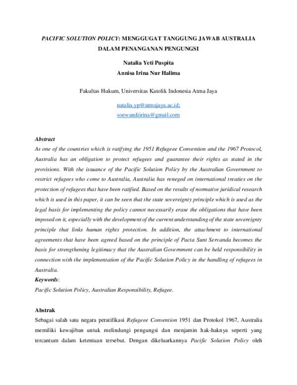 (PDF) Pacific Solution Policy: Menggugat Tanggung Jawab Australia Dalam Penanganan Pengungsi ...
