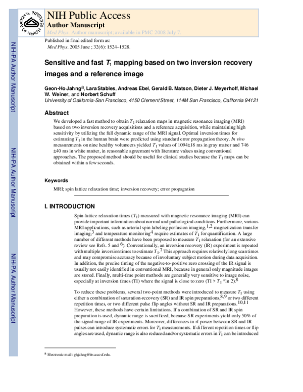 (PDF) Sensitive and fast T1 mapping based on two inversion recovery ...