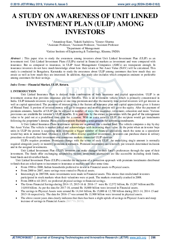 (PDF) A Study on Awareness of Unit Linked Investment Plan (Ulip) Among Investors