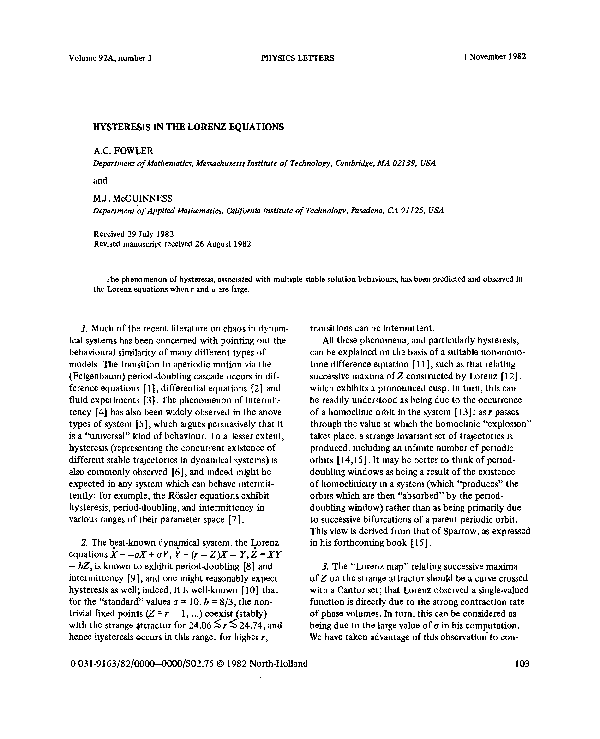 (PDF) Hysteresis in the Lorenz equations