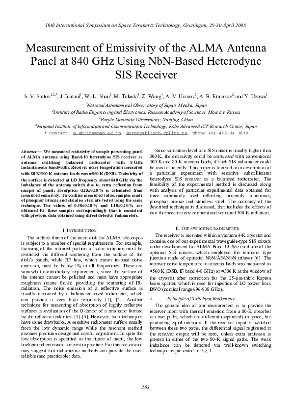 (PDF) Measurement of Emissivity of the ALMA Antenna Panel at 840 GHz ...