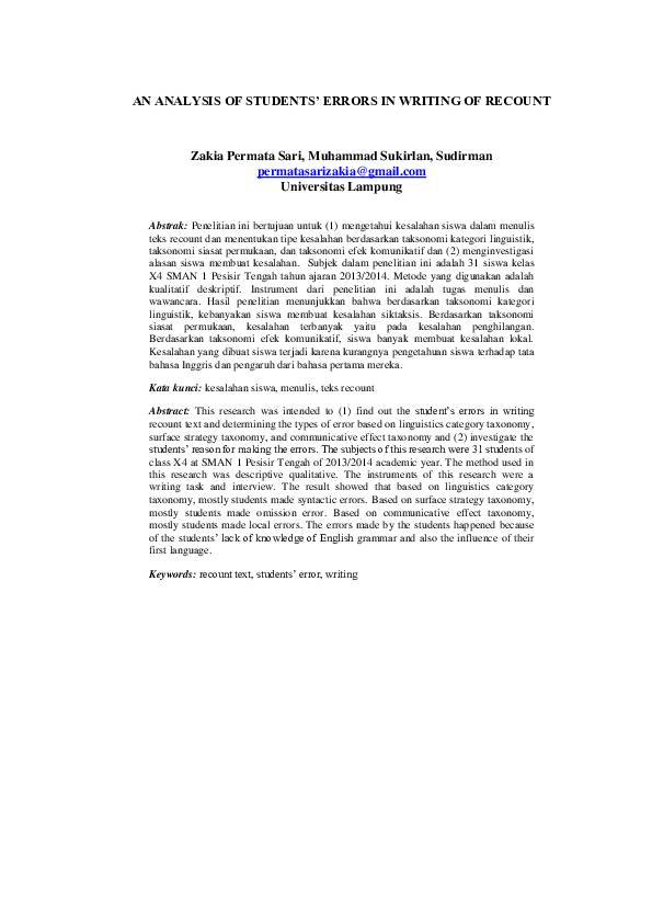 (PDF) An Analysis of Students’ Errors in Writing of Recount Texts at the First Grade of Sman 1 ...