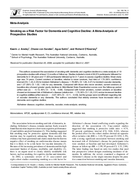 (PDF) Smoking as a Risk Factor for Dementia and Cognitive Decline: A ...