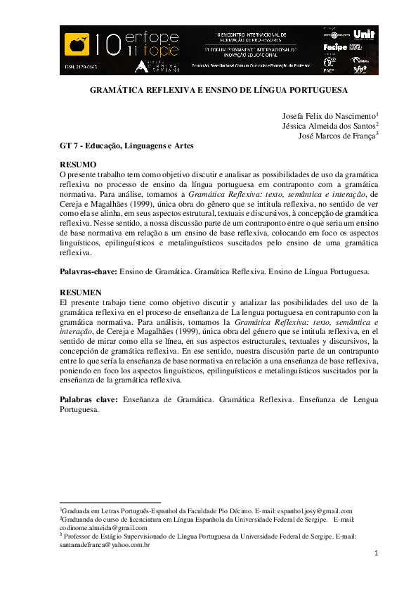 (PDF) Gramática Reflexiva e Ensino De Língua Portuguesa