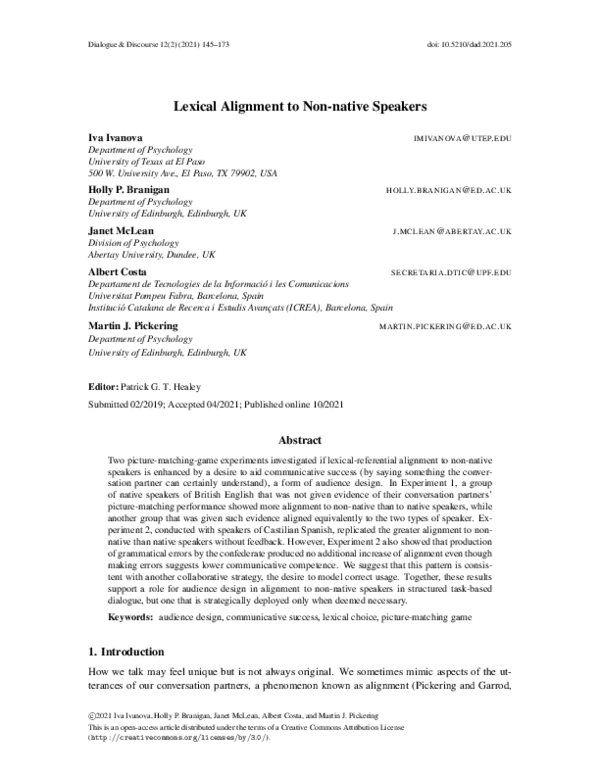 (PDF) Lexical Alignment to Non-native Speakers