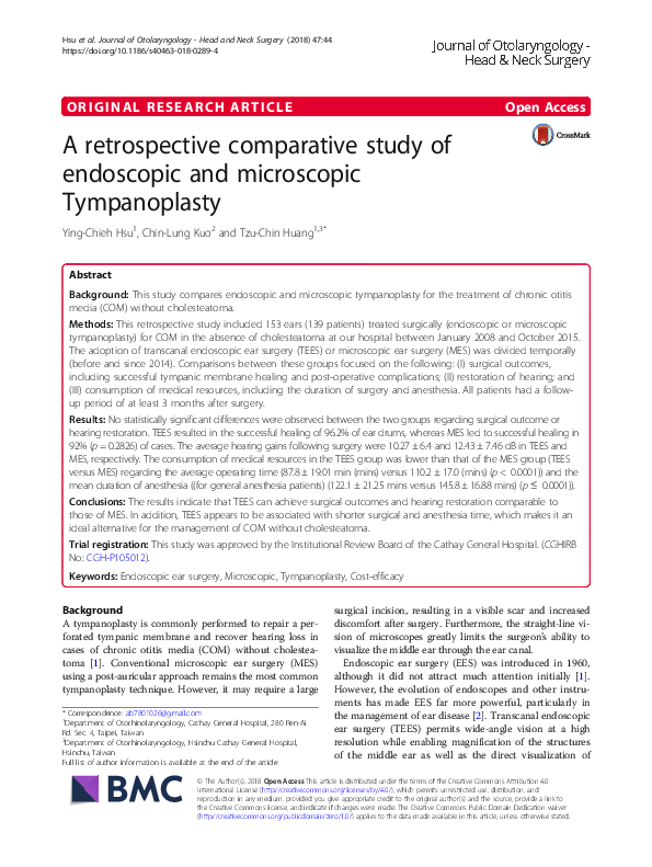 (PDF) A retrospective comparative study of endoscopic and microscopic Tympanoplasty