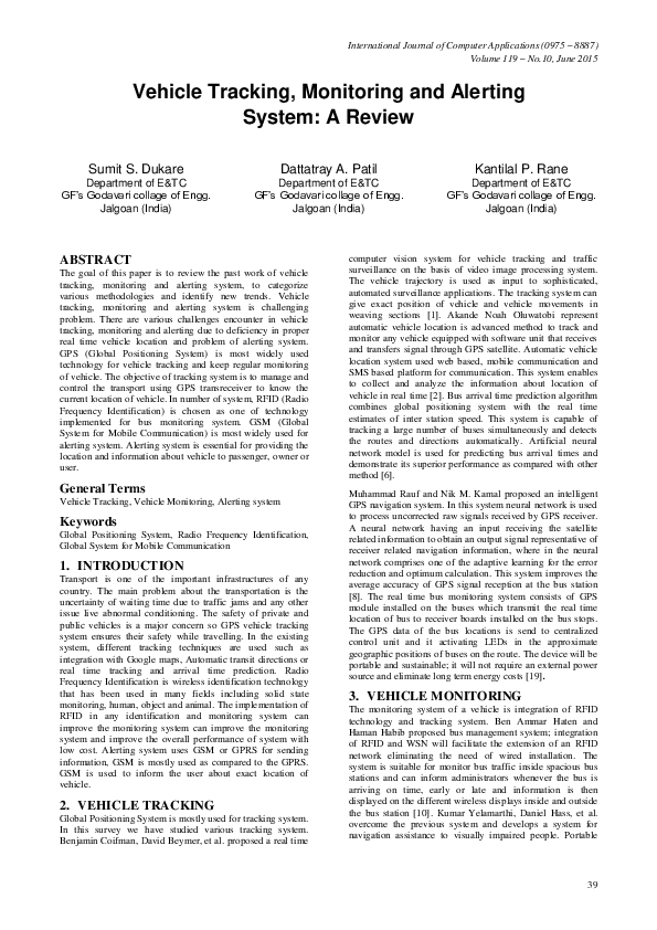 Pdf Vehicle Tracking Monitoring And Alerting System A Review