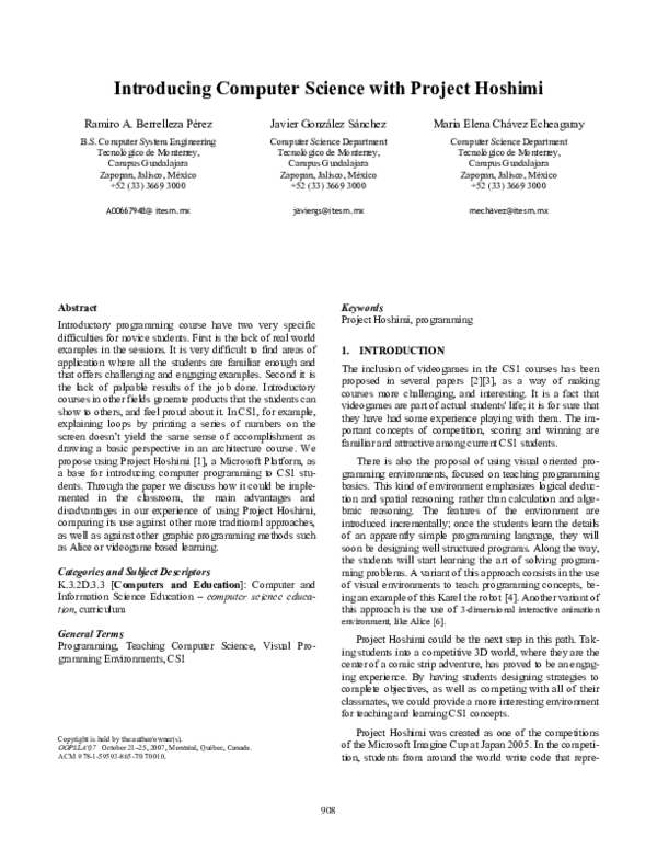 (PDF) Introducing computer science with Project Hoshimi