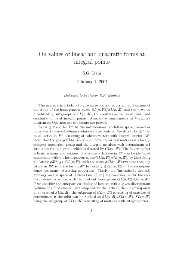 (PDF) On Values of Linear and Quadratic Forms at Integral Points